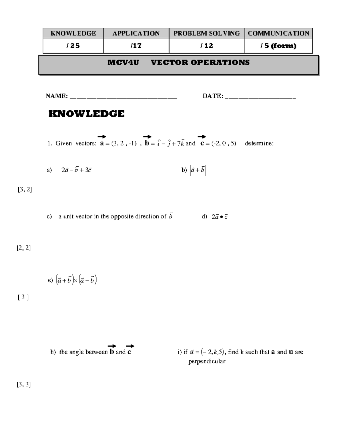 MCV4U Vector Operations Quest - Knowledge Application & Problem Solving ...