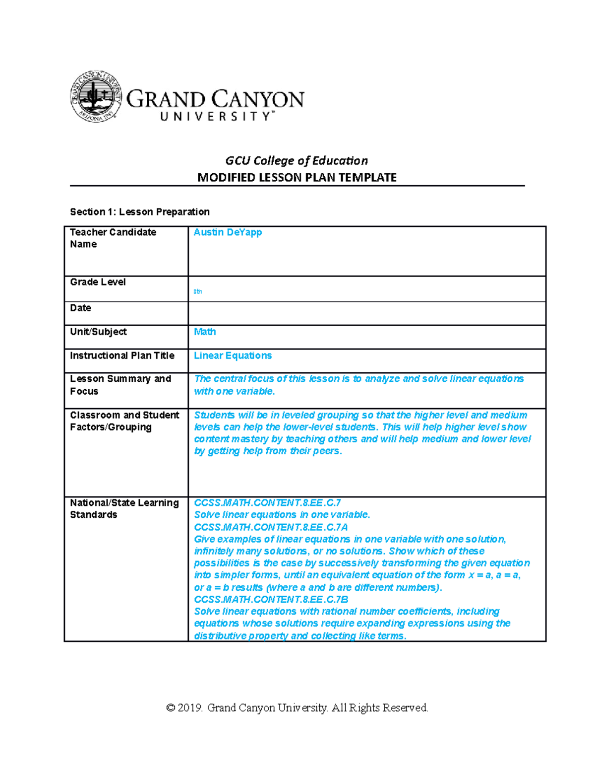 Lesson Plan Number 1 - GCU College of Education MODIFIED LESSON PLAN ...