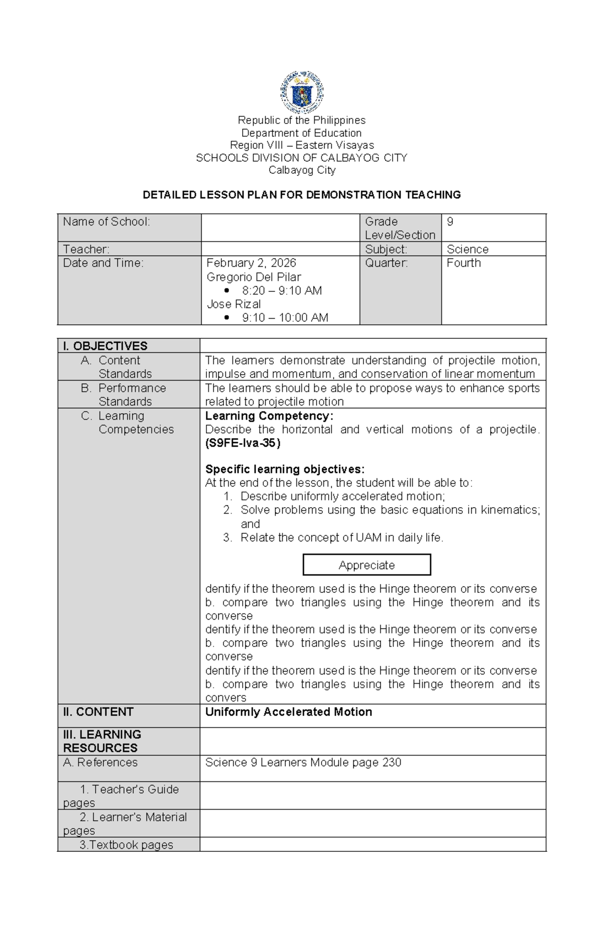 Detailed Lesson Plan for Grade 9 Science: Uniformly Accelerated Motion ...