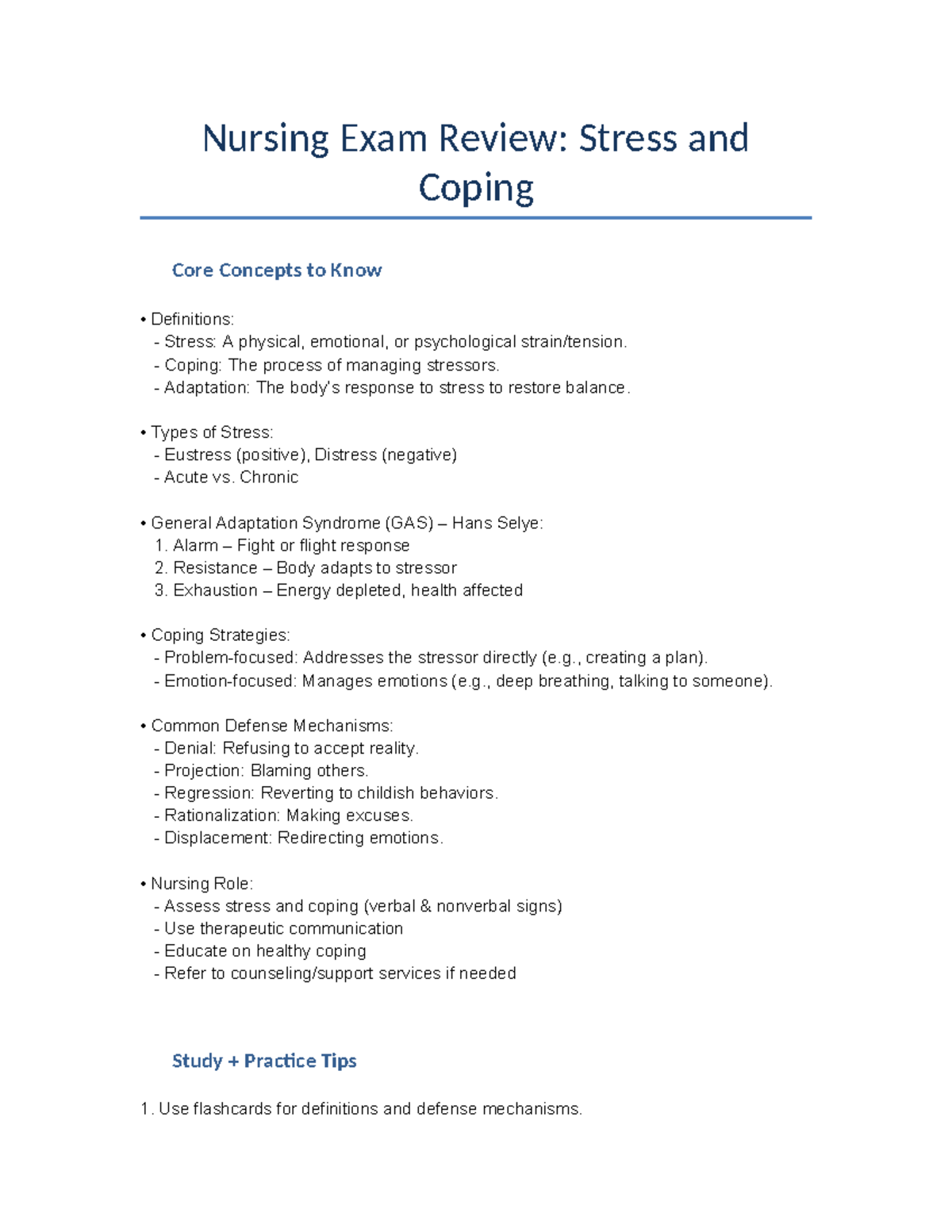 Nursing Exam Review Stress Coping Concepts And Strategies Studocu