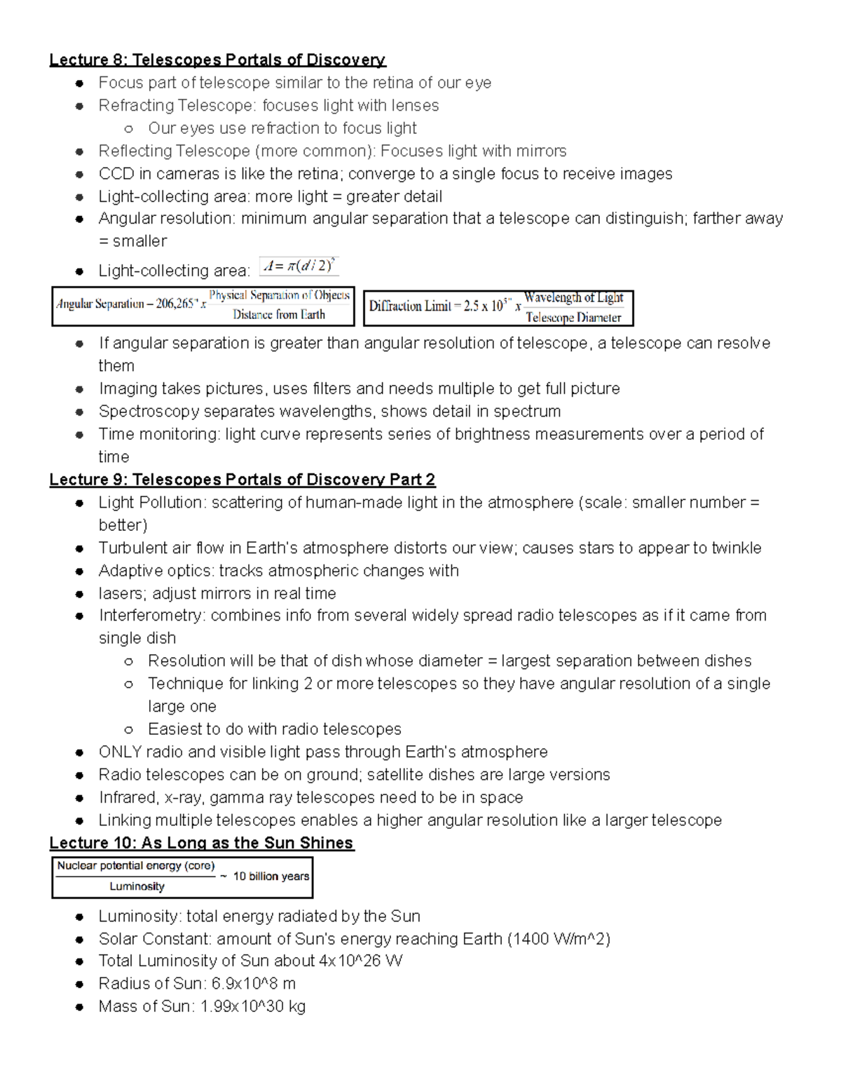 Astronomy 2019 Lecture Notes: Telescopes, Solar Properties & Stellar ...