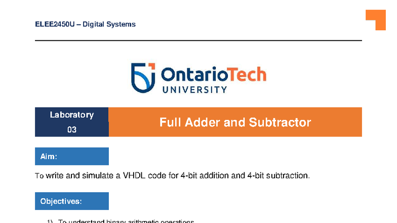 ELEE2450U Digital Systems Lab 03: VHDL Full Adder & Subtractor - Studocu