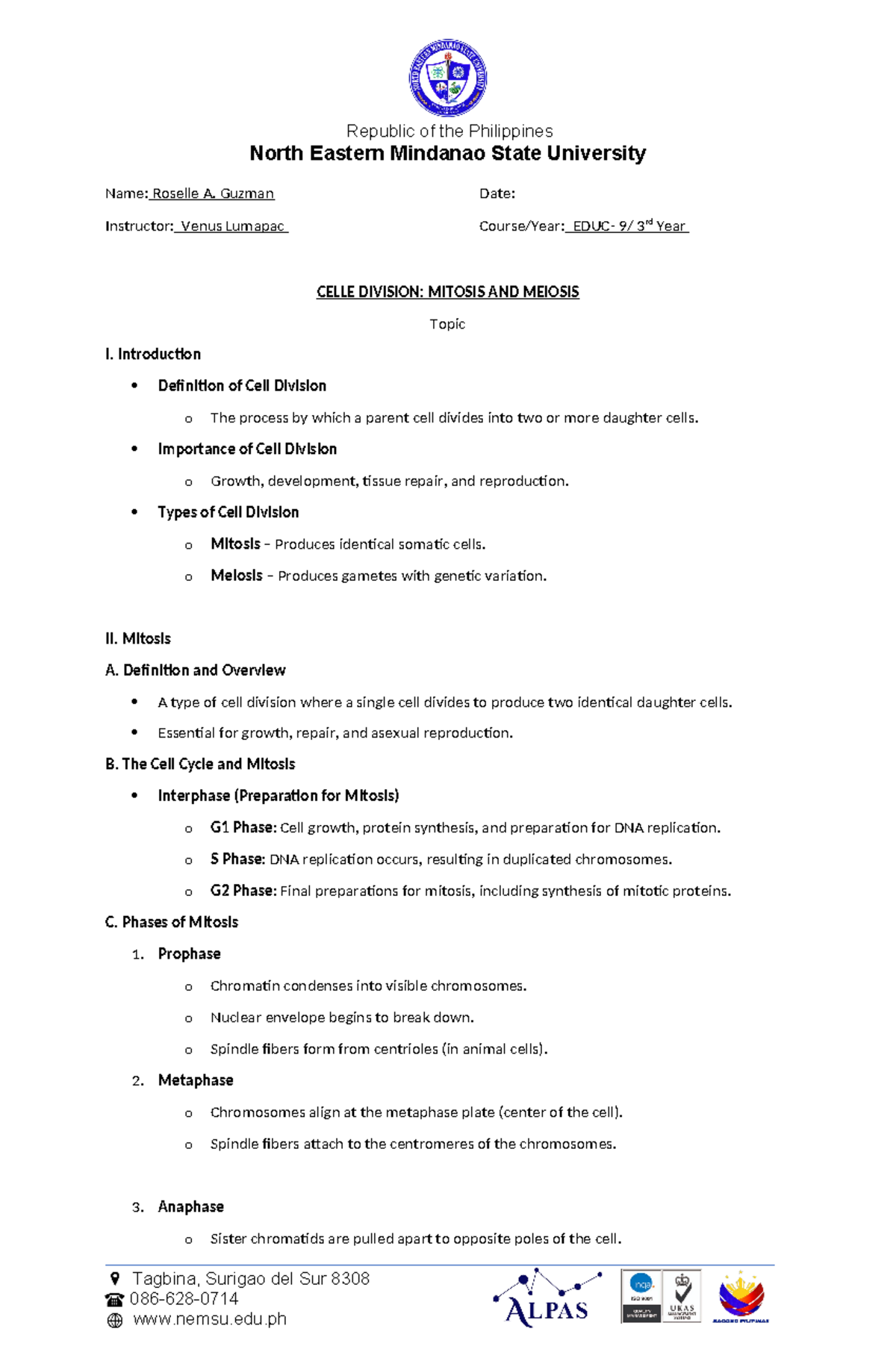 CELL Division - Outline - Guzman - North Eastern Mindanao State ...