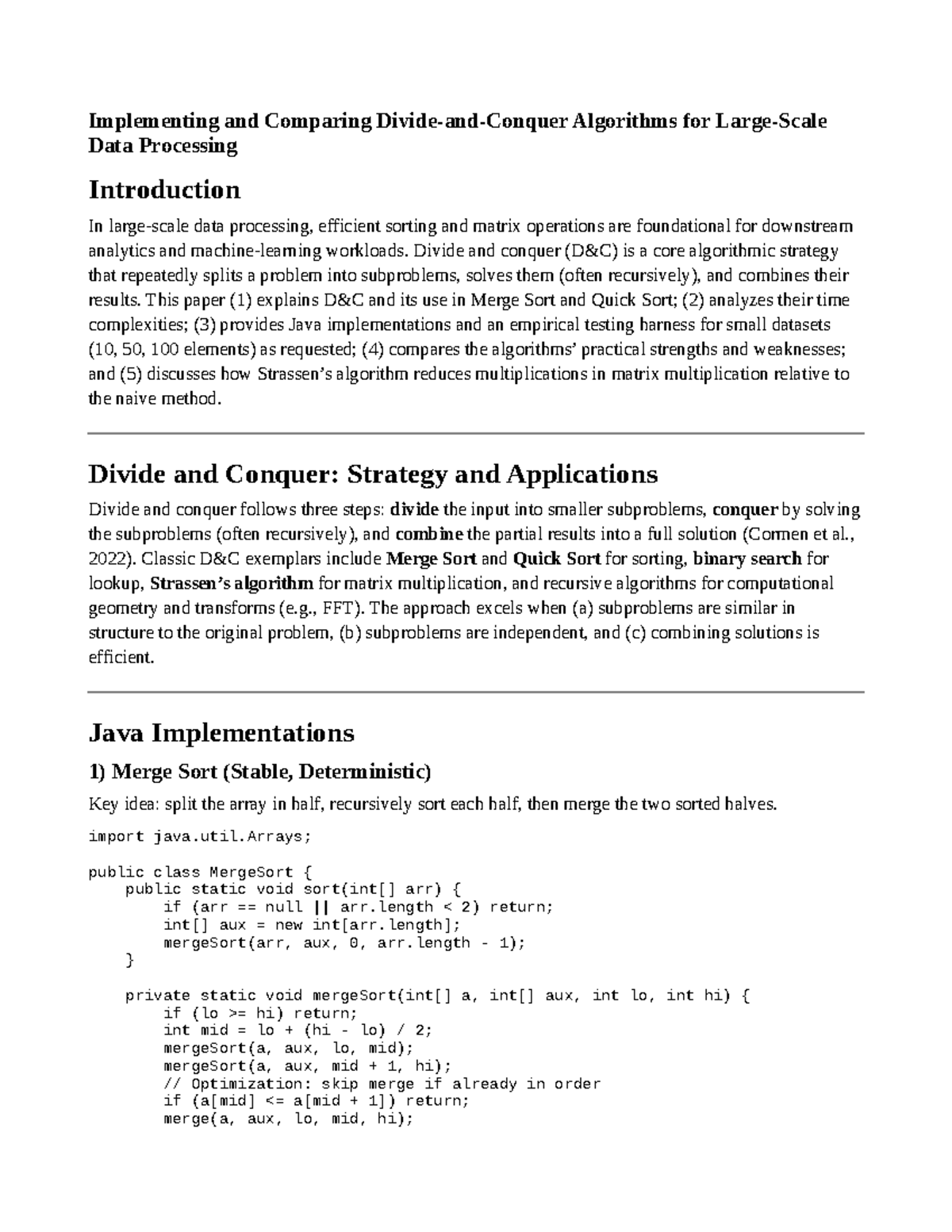Implementing and Comparing Divide and Conquer Algorithms for Data Processing - Studocu