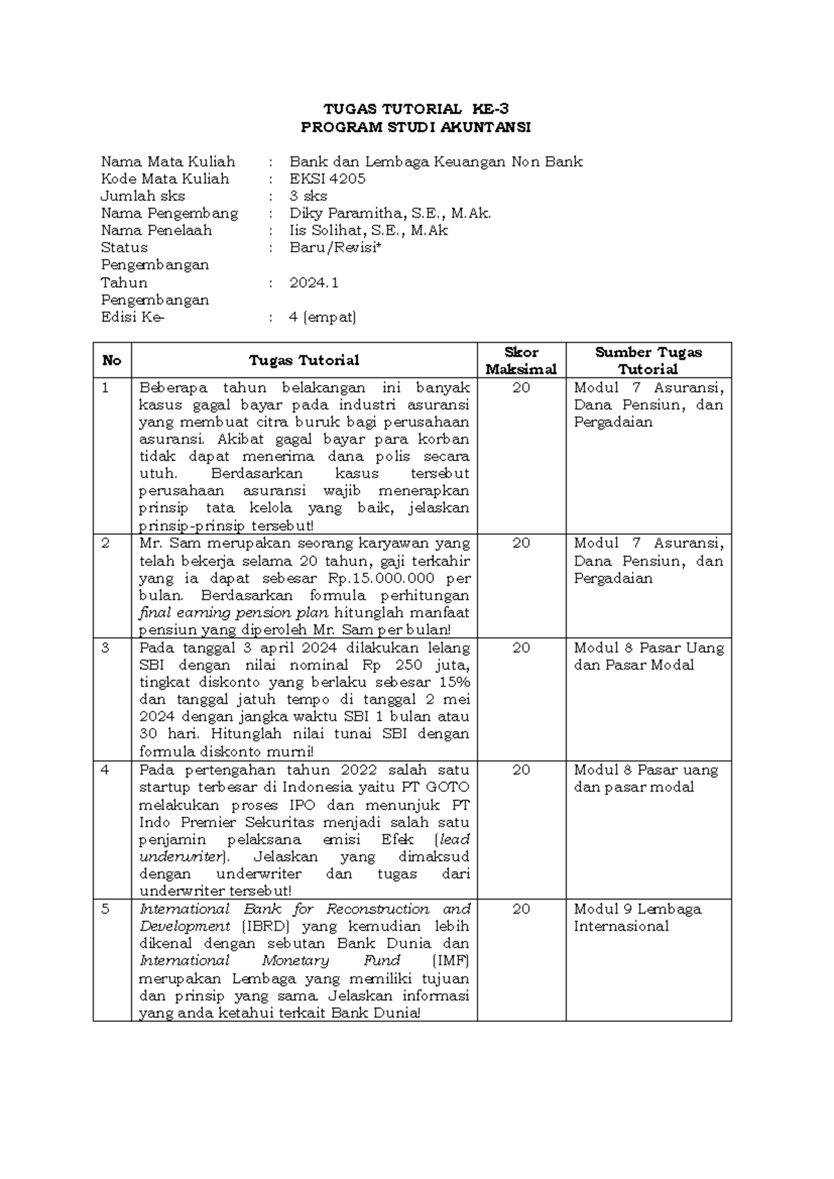 Tugas Tutorial KE 3 EKSI 4205 - Bank dan Lembaga Keuangan Non Bank 2024 - Studocu
