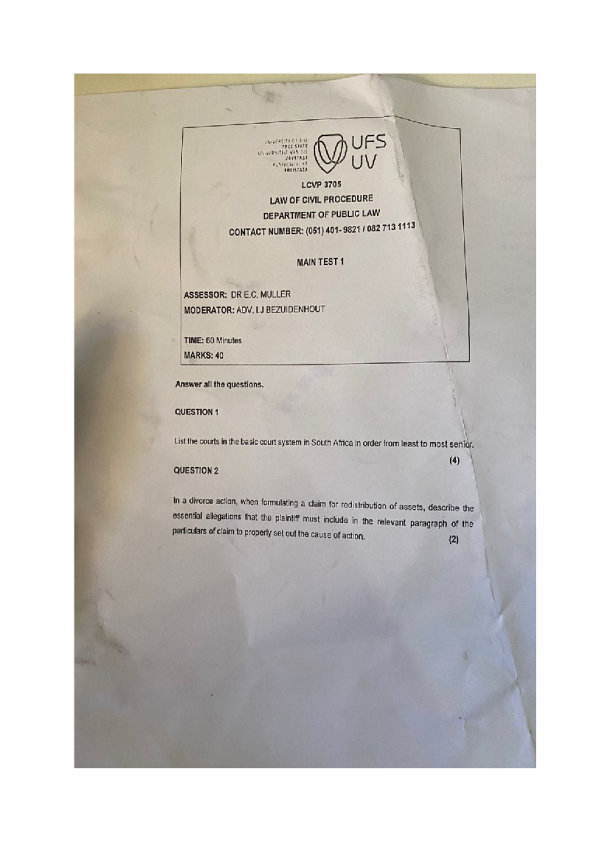 Main test paper 1 - UNIVERSITY OF THE FREE STATE UFS UNIVERSITED WAS ...