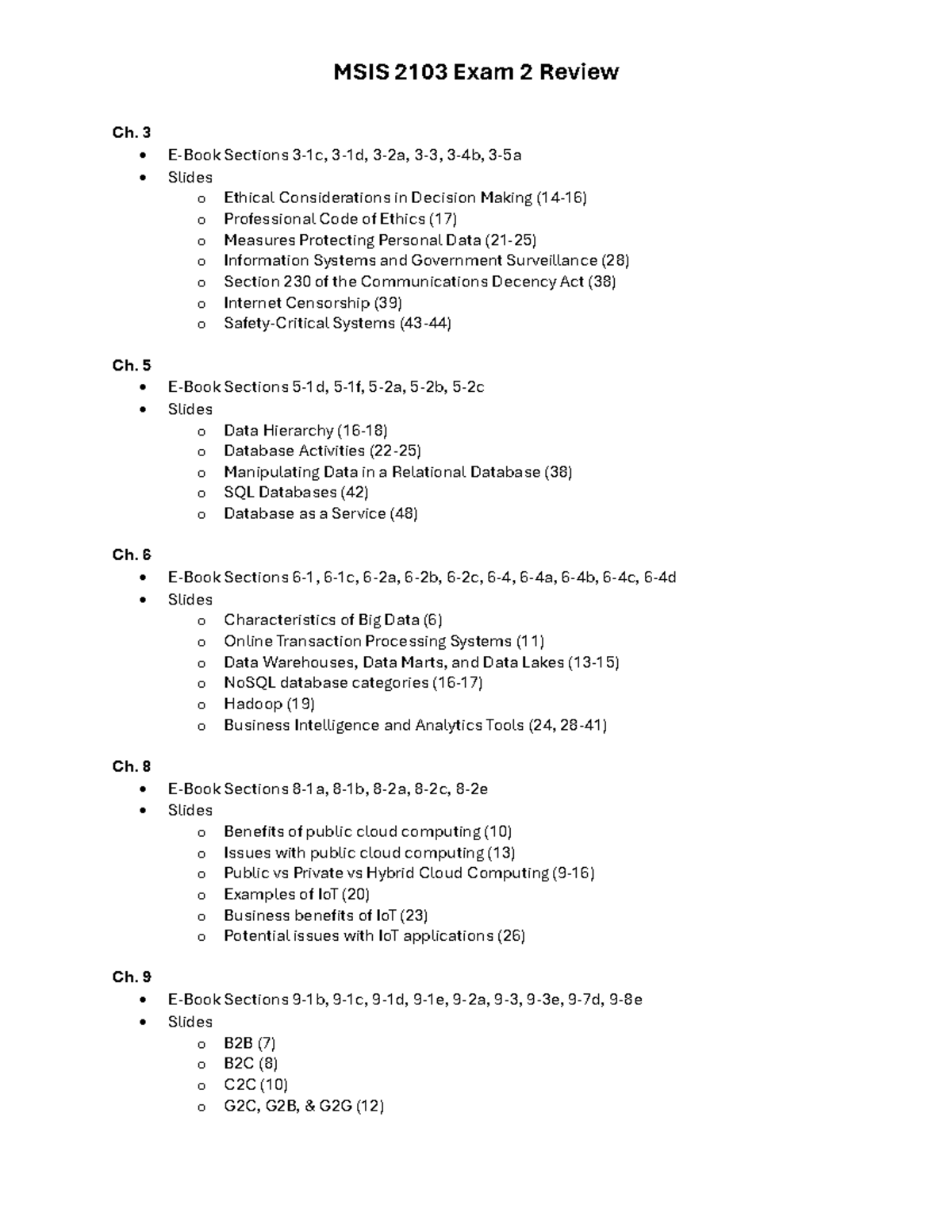 MSIS 2103 Exam 2 Review Guide: Key Topics from Chapters 3, 5, 6, 8, 9 ...