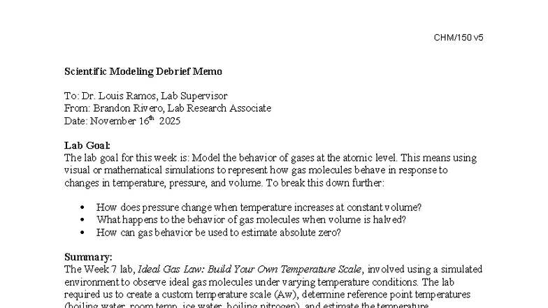 Chm150 v5 wk7 debrief memo template (1) - CHM/150 v Scientific Modeling ...