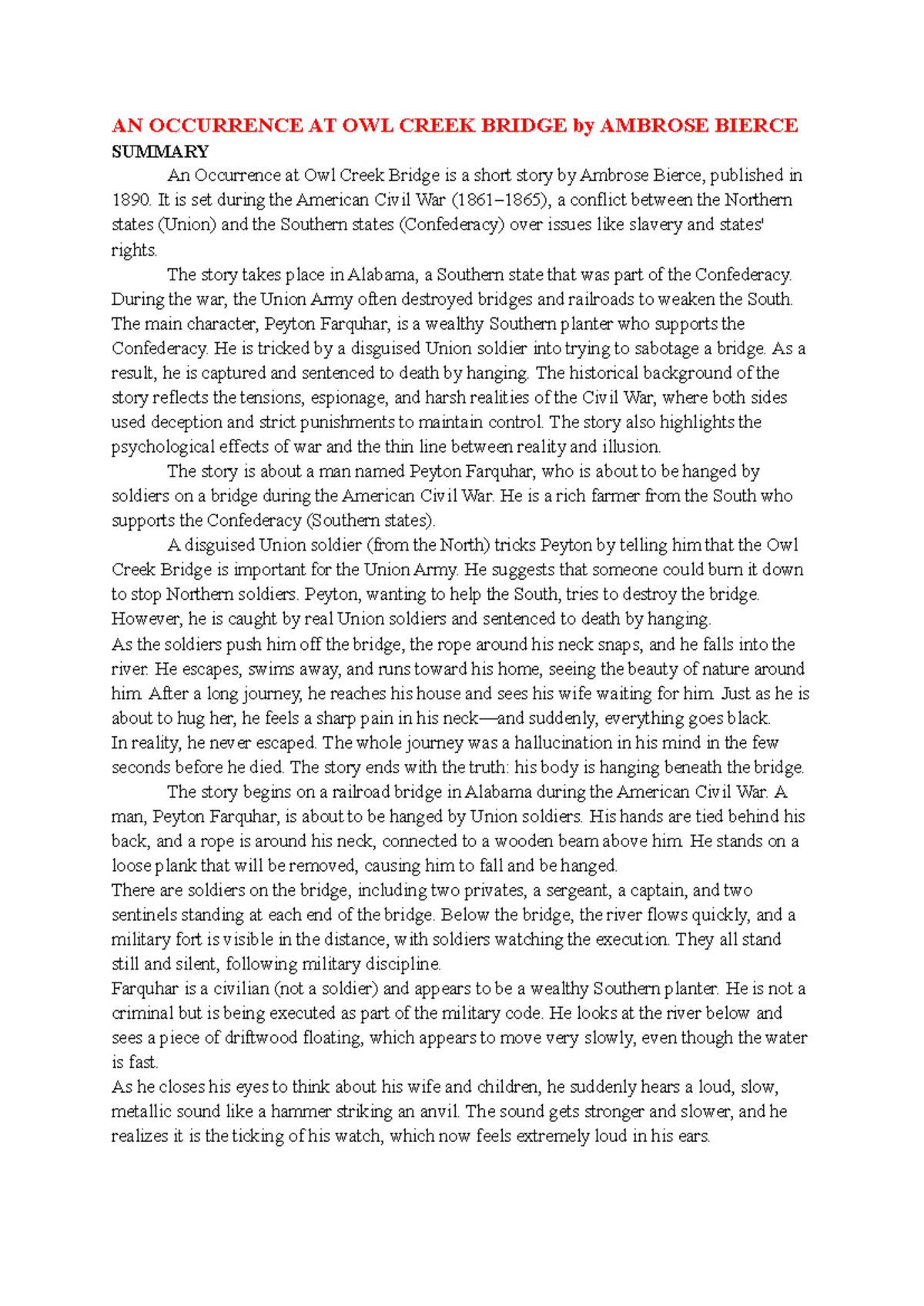 An Occurrence at Owl Creek Bridge by Ambrose Bierce - AN OCCURRENCE AT ...