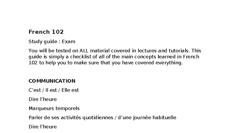 French 102 Final Exam Study Guide: Key Concepts Checklist - Studocu