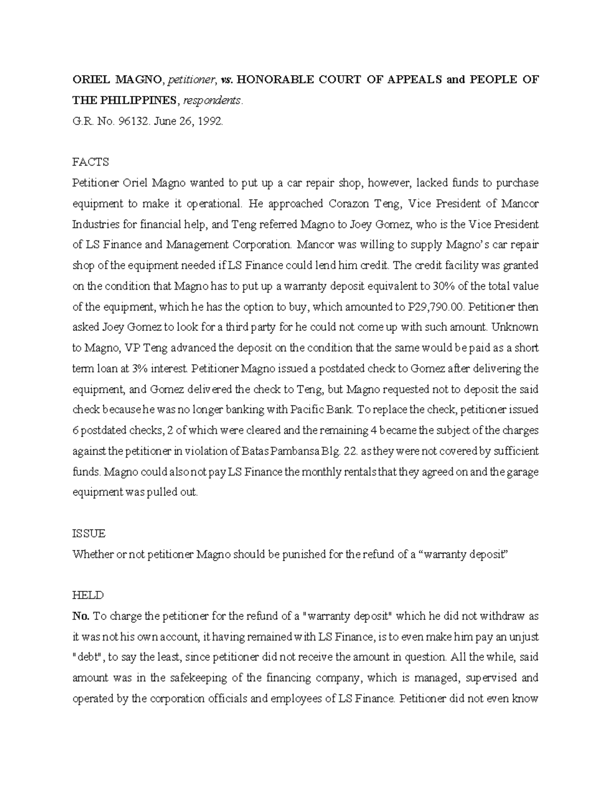 GR 96132 - Case Digest on Oriel Magno vs. Hon. Court of Appeals - Studocu