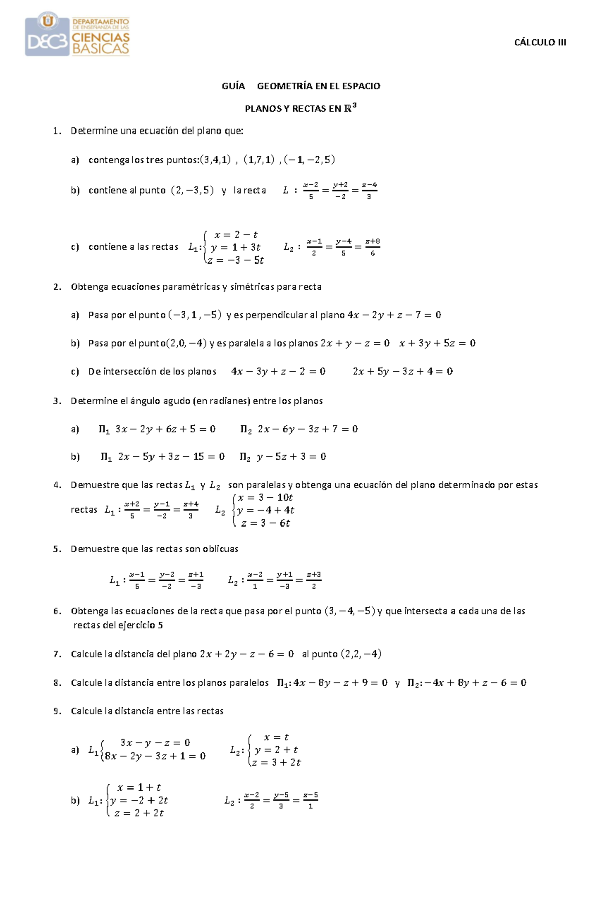 GUÍA 1 Cáculo III Geometría en el espacio - CÁLCULO III GUÍA GEOMETRÍA EN EL ESPACIO PLANOS Y ...
