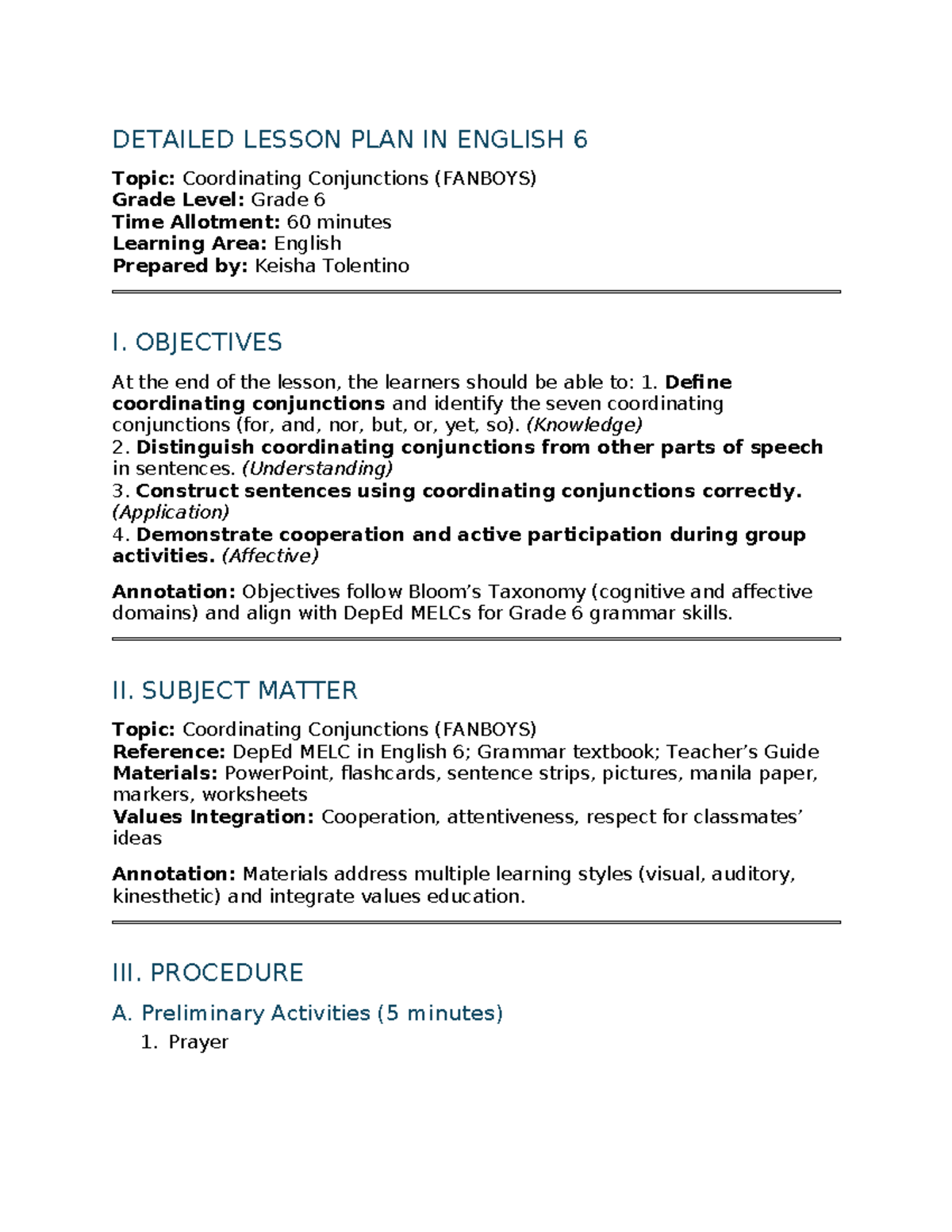 Detailed Lesson Plan: English 6 - Coordinating Conjunctions (FANBOYS ...