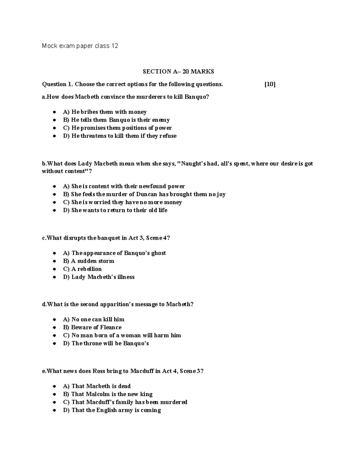 Mock Exam Paper Class 12: Key Questions & Analysis - Studocu