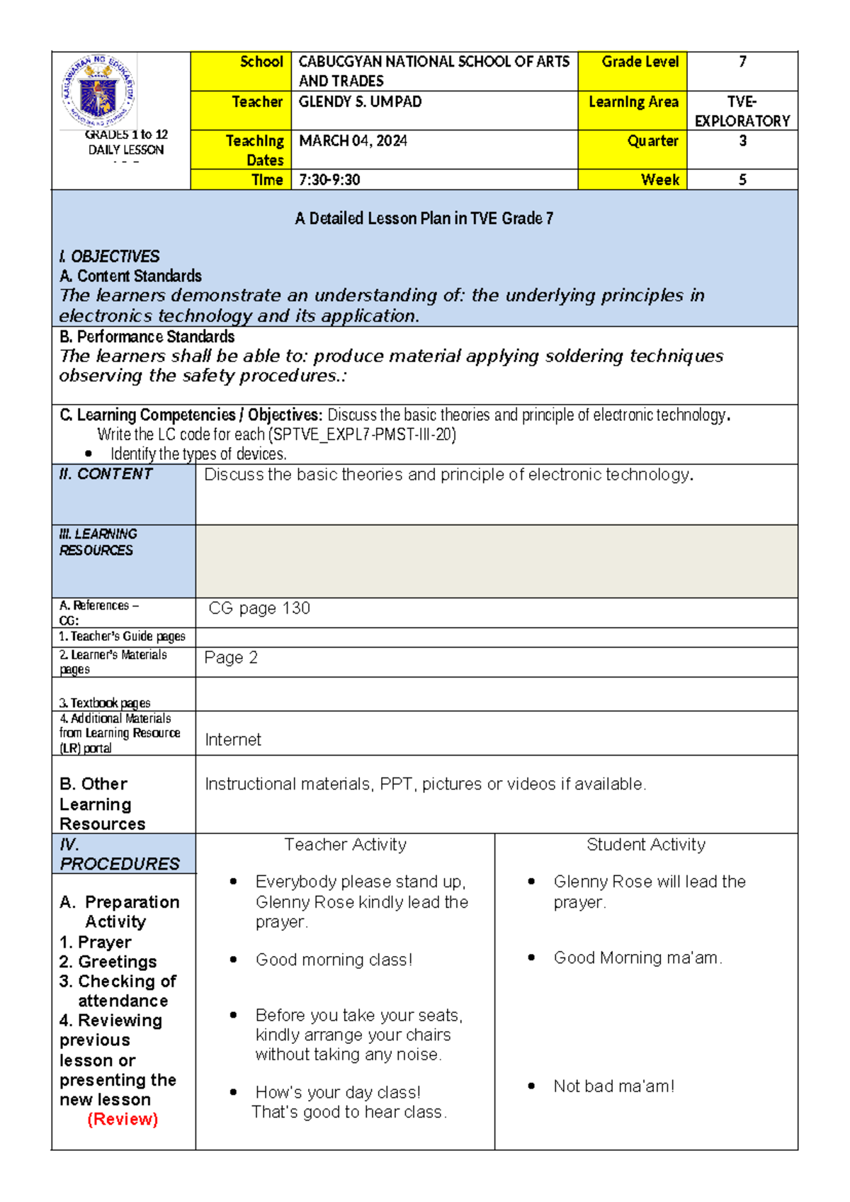 Grade 7 TVE Lesson Plan: Basic Electronics Principles and Activities ...
