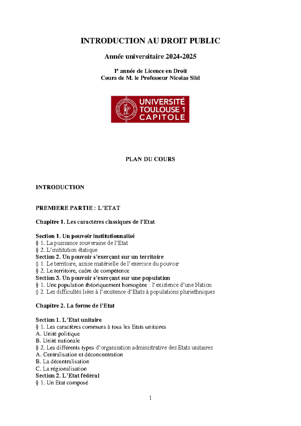 Plan du Cours : Introduction au Droit Public - 1e Année de Licence - Studocu