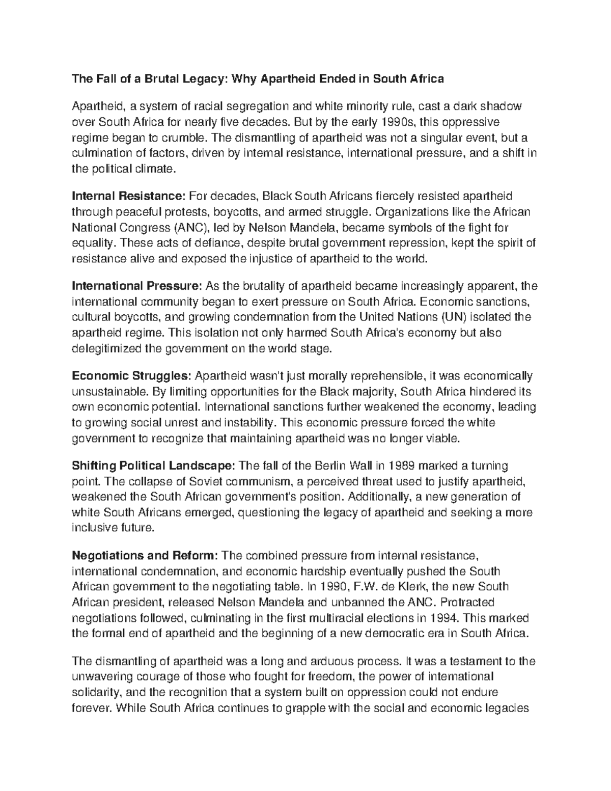 A Comprehensive Analysis of the End of Apartheid - ESSAY - Studocu