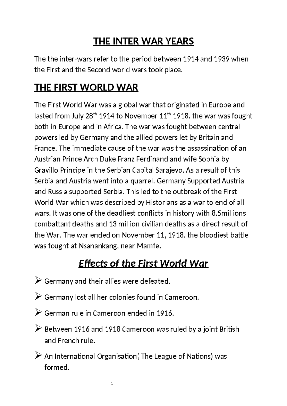 Inter War Years: Key Notes on WWI & League of Nations - Studocu