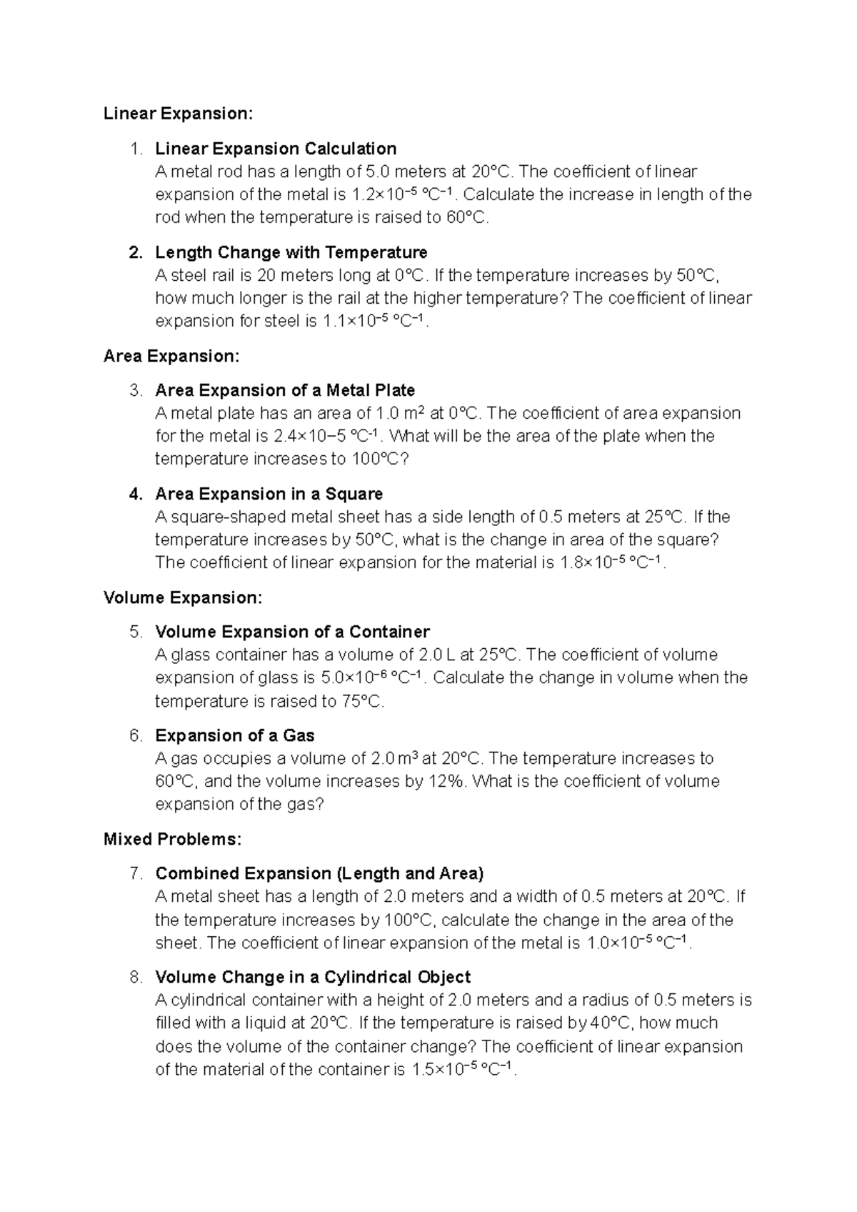 Thermal Expansion Practice Questions: Linear, Area, and Volume ...
