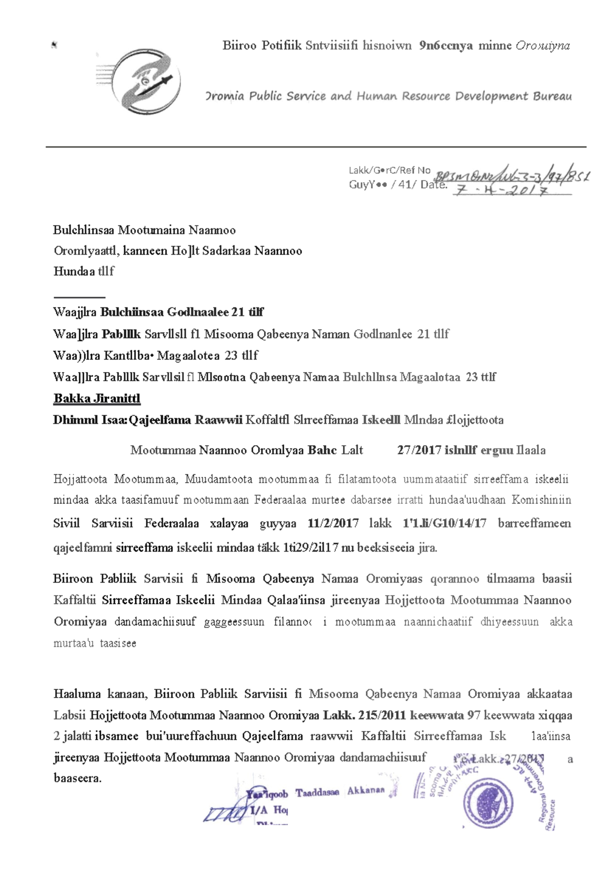 Qajeelfama Raawwii Kaffaltii Sireefama Iskeelii Mindaa 27/2017 Naannoo ...