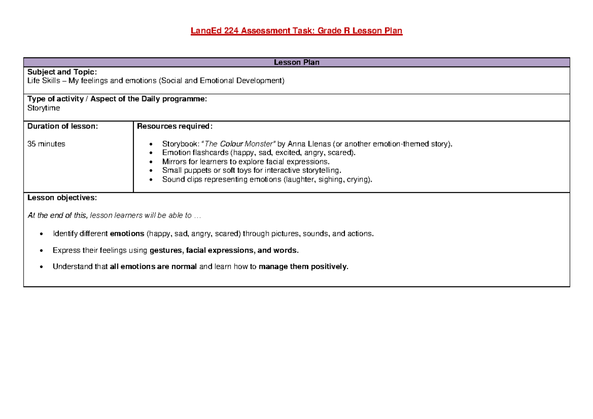LangEd 224: Grade R Lesson Plan on Emotions and Feelings - Studocu