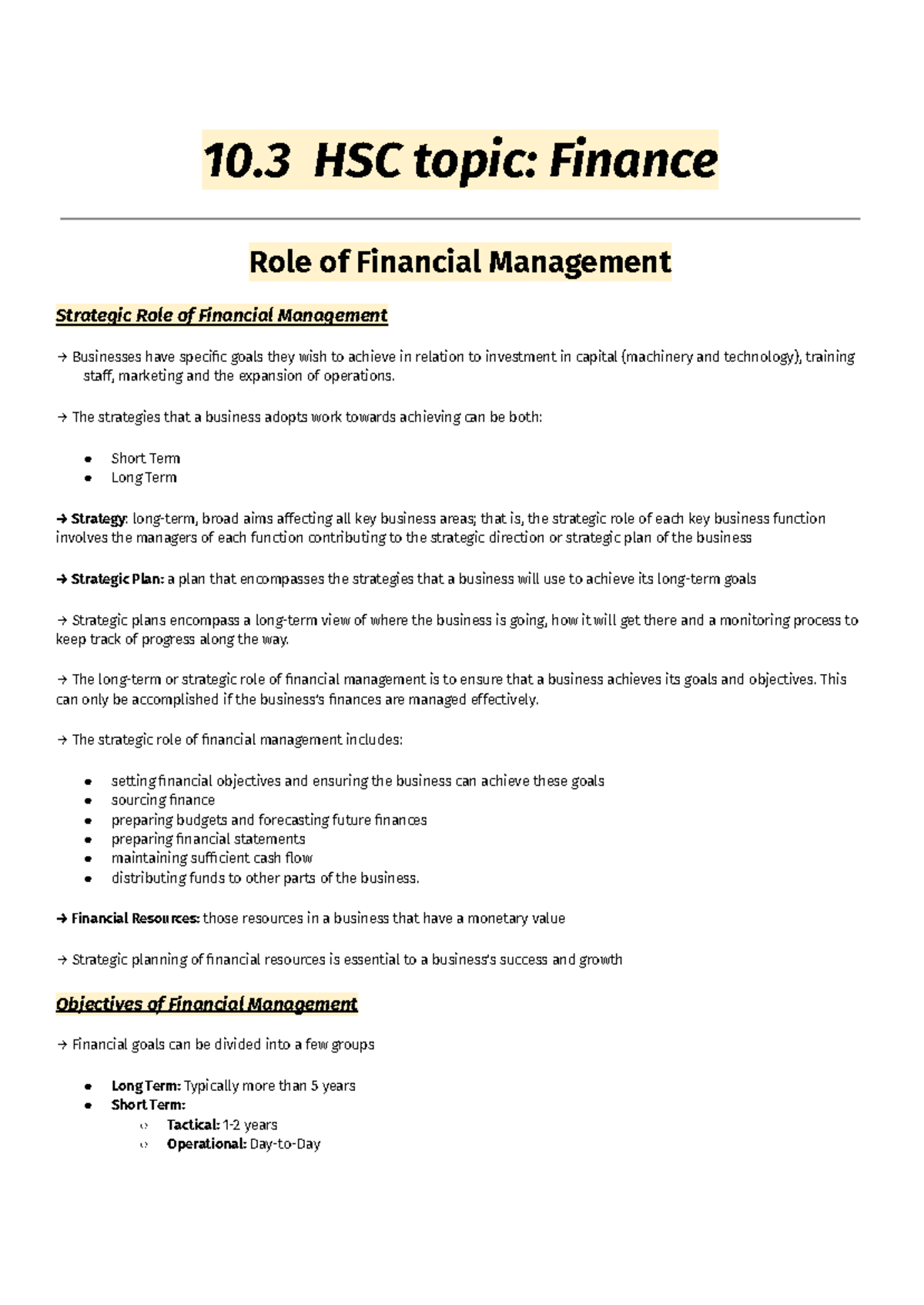 HSC Business Studies: Strategic Role of Financial Management Notes ...