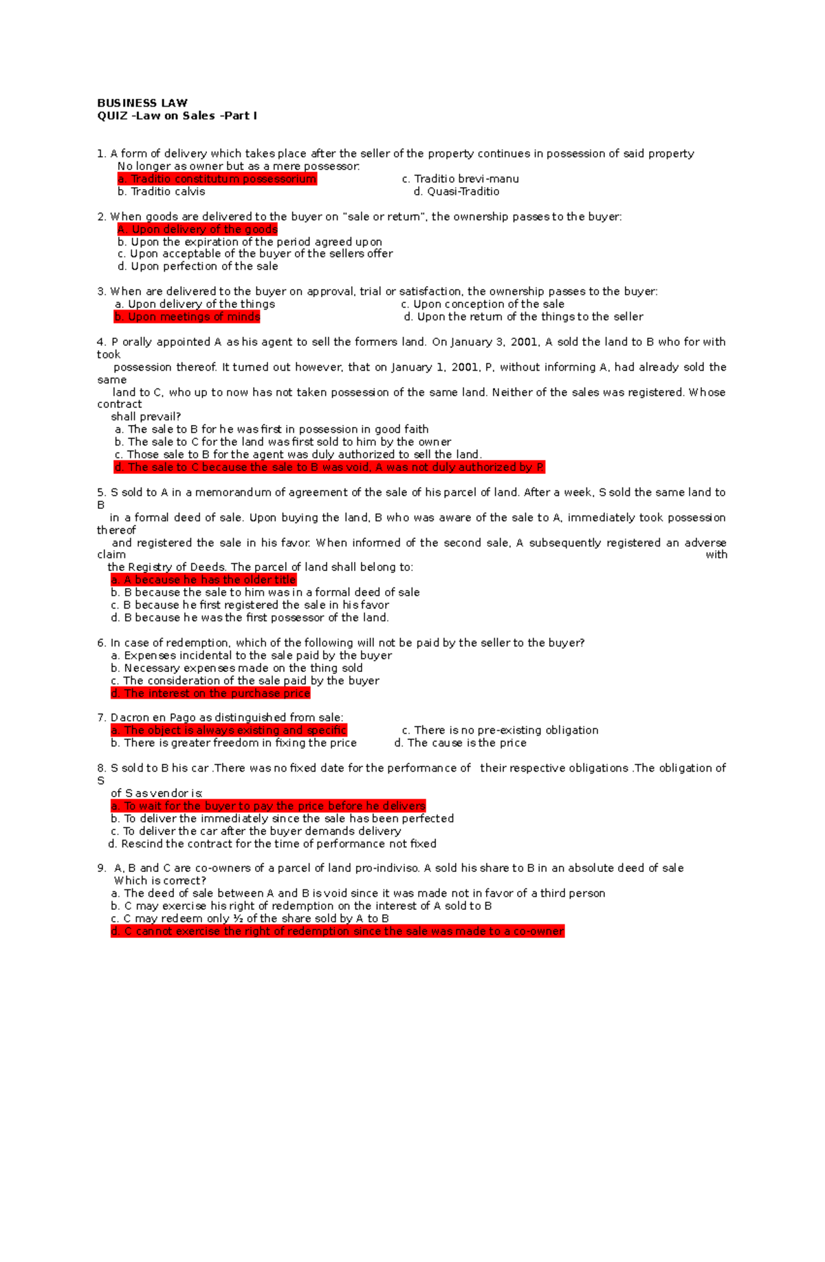 BUS LAW QUIZ: Sales and Ownership Concepts - Part I - Studocu