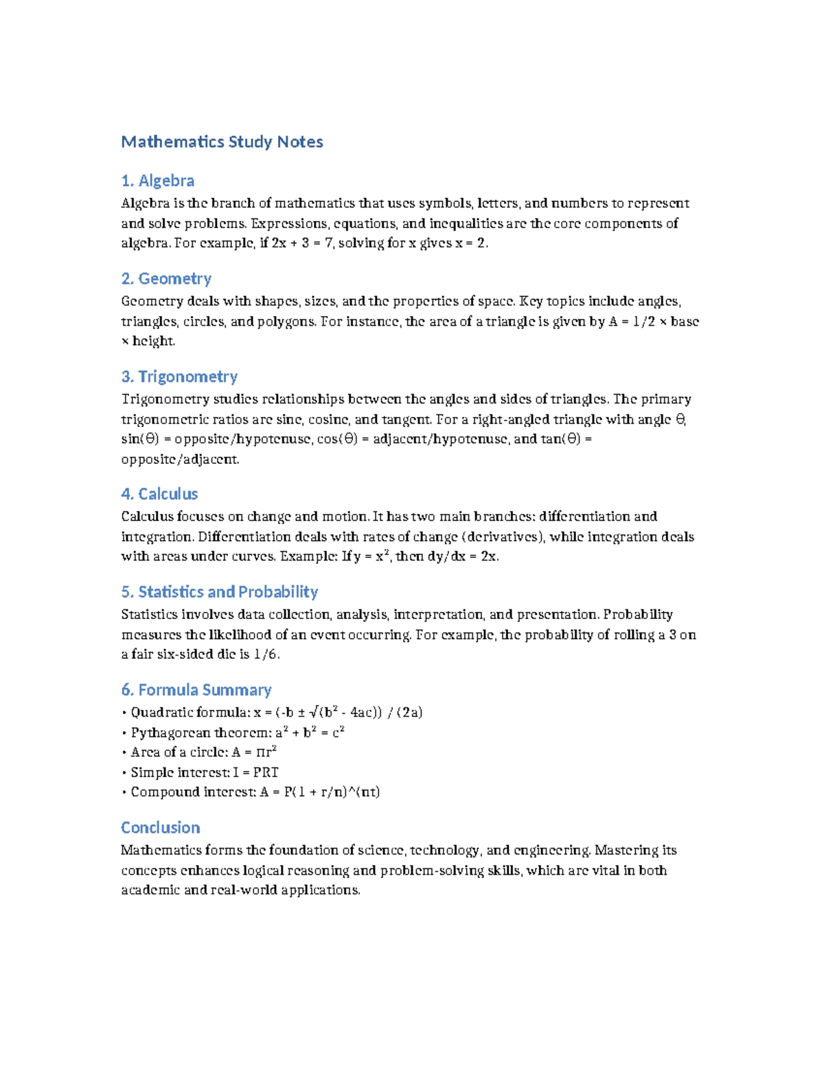 Mathematics Study Notes: Algebra, Geometry, Trig, Calc & Stats - Studocu