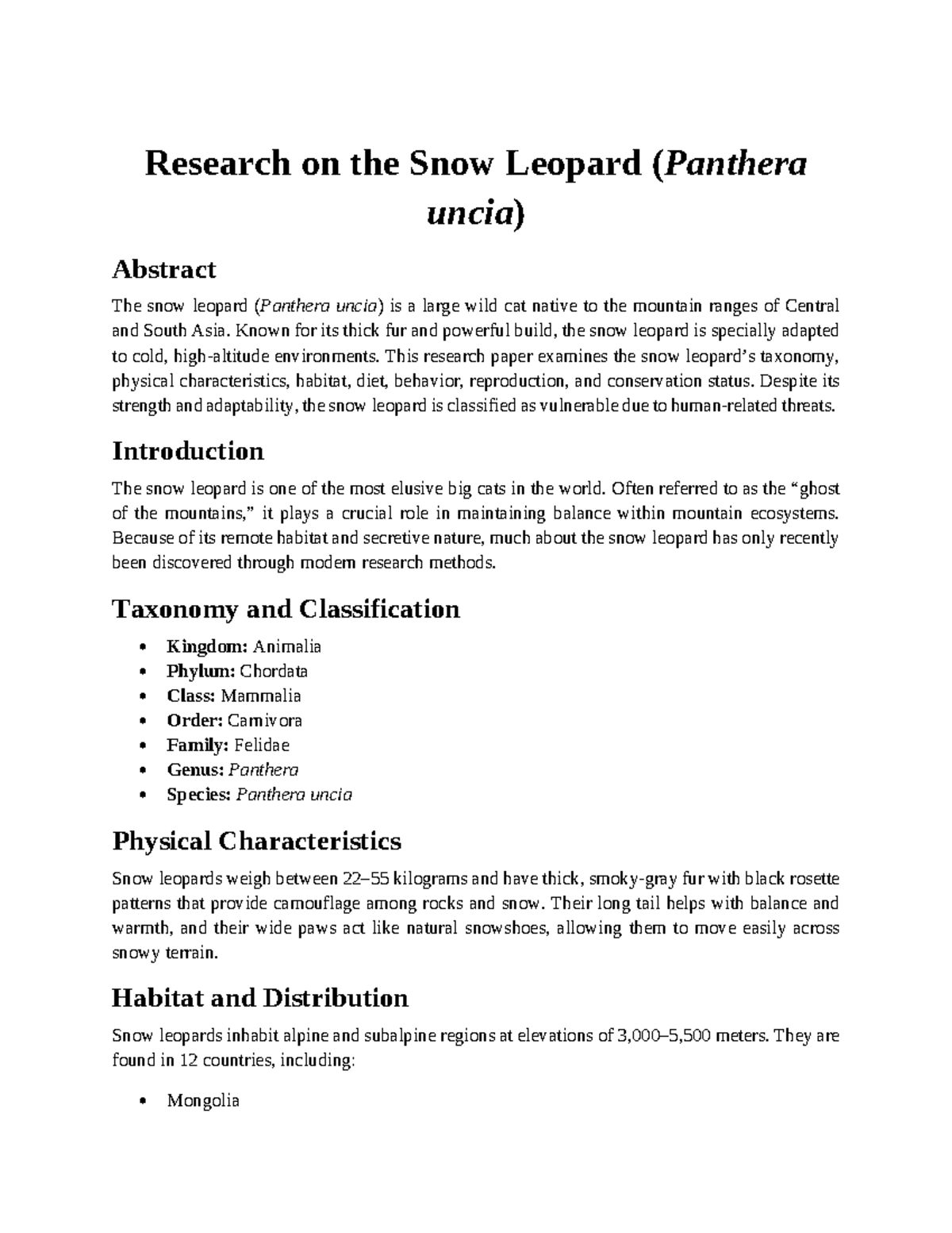 Research on Snow Leopard (Panthera uncia): Ecology & Conservation ...