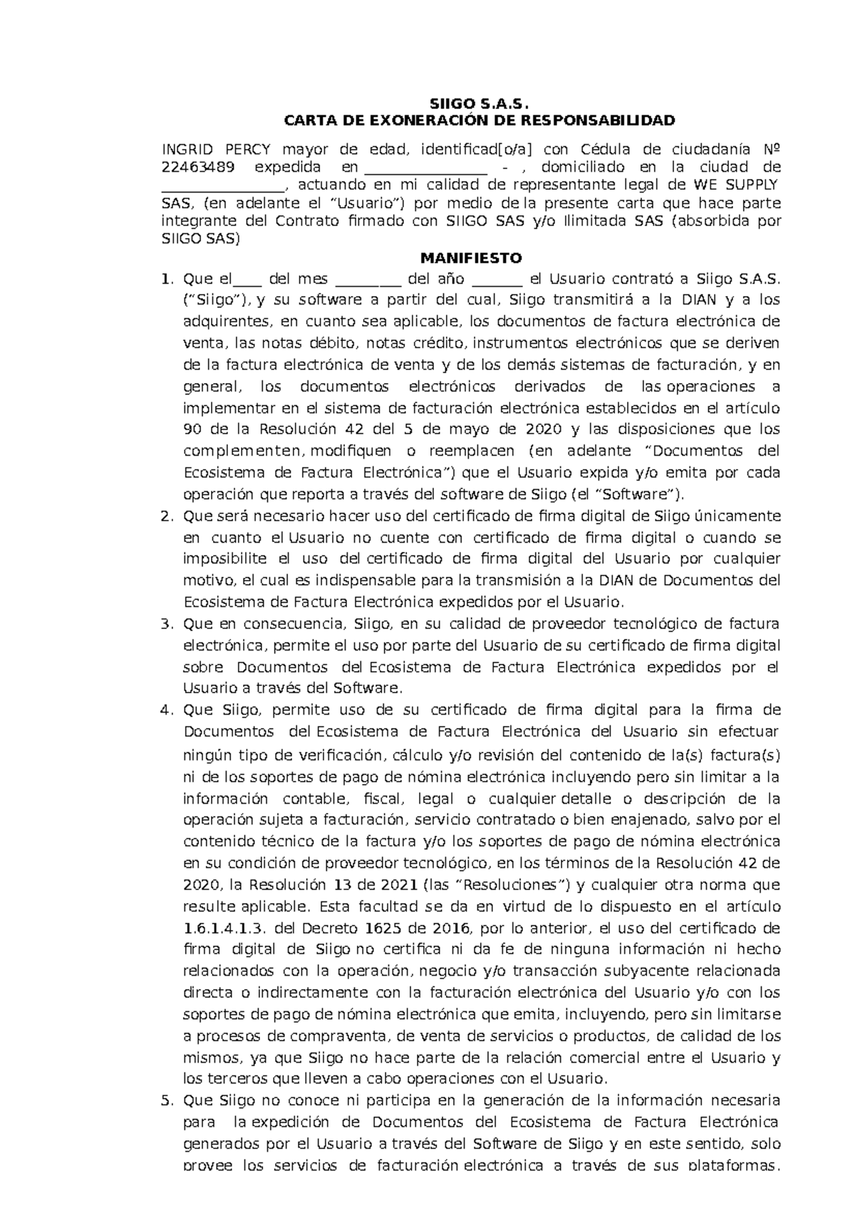 Carta DE Exoneracion CD - SIIGO S.A. CARTA DE EXONERACIÓN DE ...