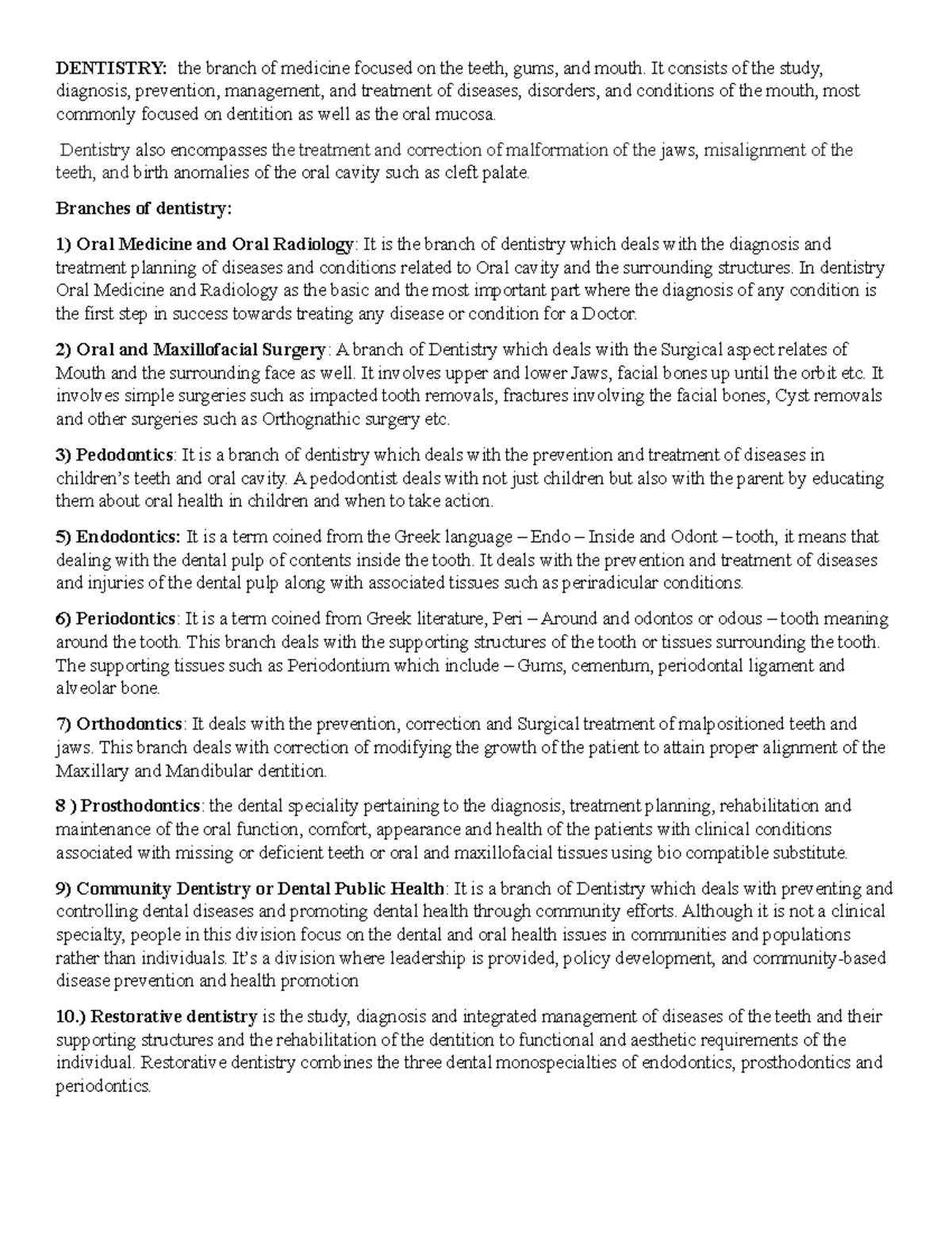 DENT 101: Overview of Branches in Dentistry and Their Functions - Studocu