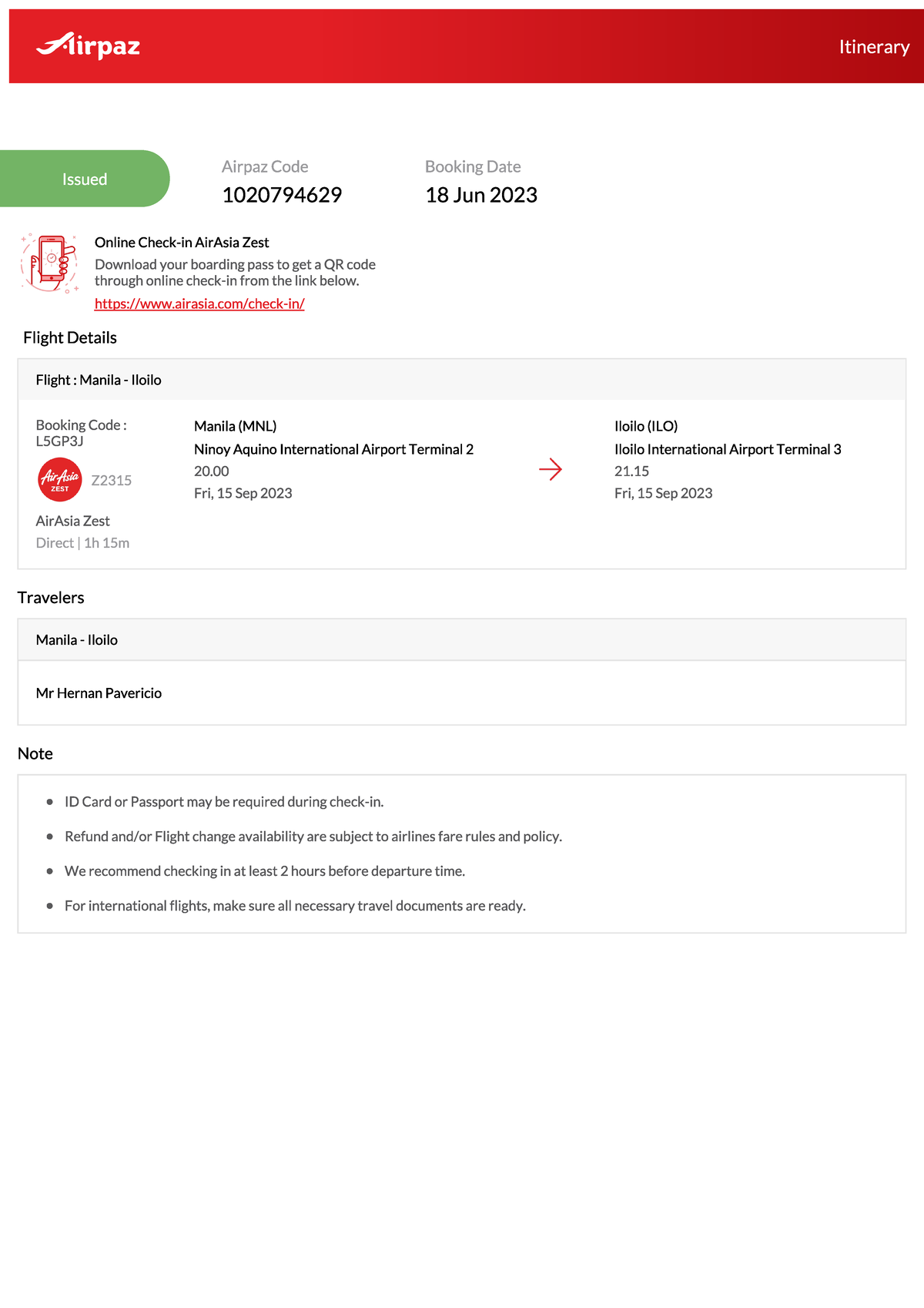 Airpaz flight itinerary 1020794629 - Airpaz Itinerary Airpaz Code ...