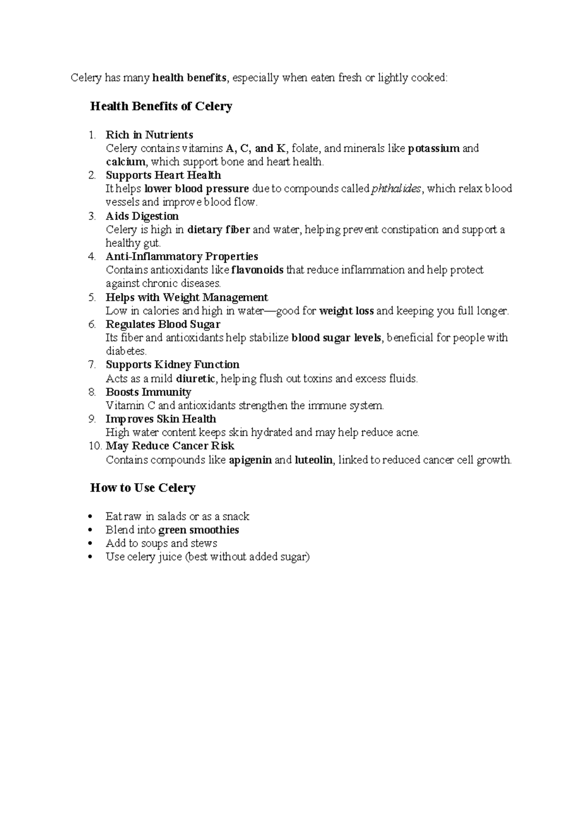 Health Benefits of Celery: Nutritional Insights and Uses - Studocu