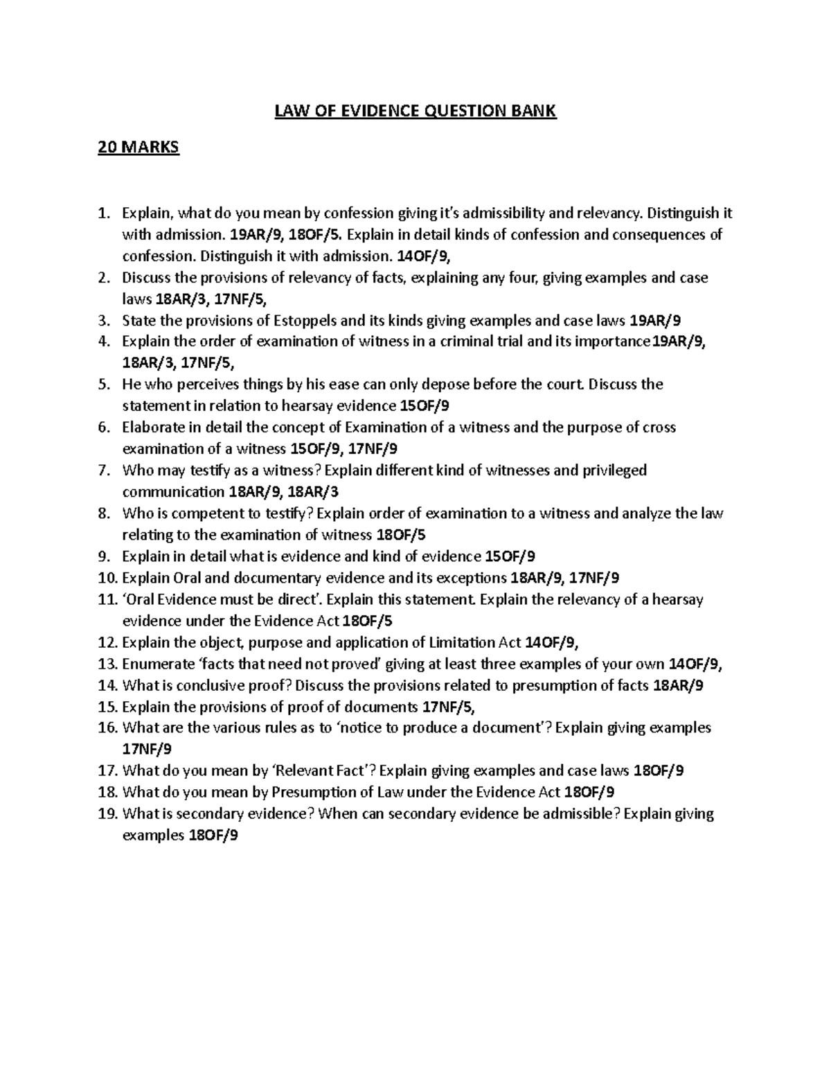 LAW OF EVIDENCE: Question Bank on Indian Evidence Act (20 & 5 Marks ...