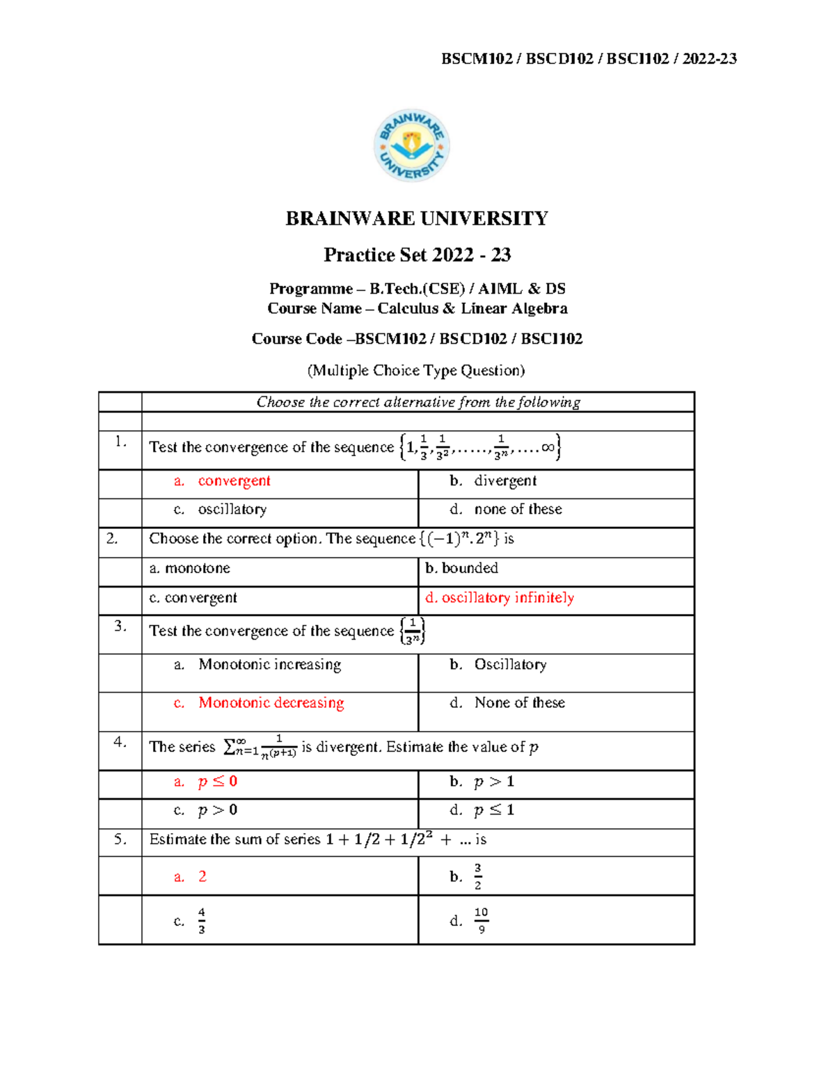 BSCM102 Calculus & Linear Algebra Practice Set 1 - 2022/23 - Studocu