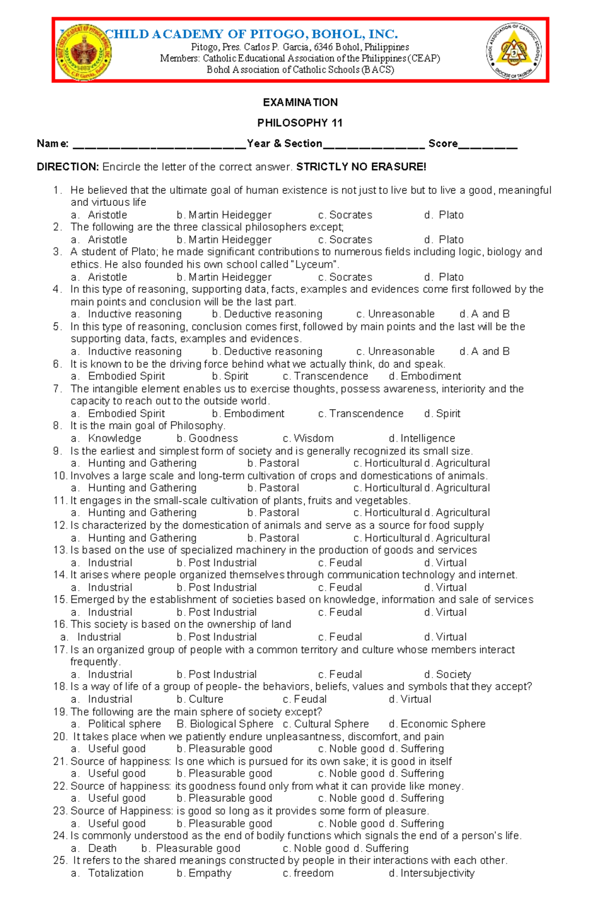 Philosophy 11 - Examination Questions and Concepts Overview - Studocu