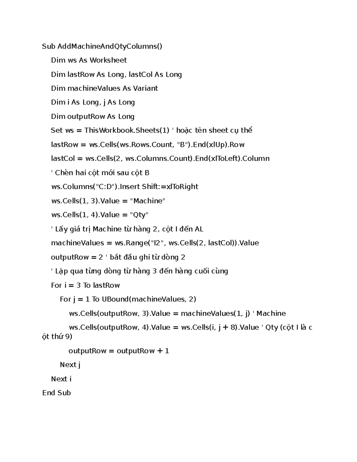 VBA Code for Adding Machine and Quantity Columns in Excel - Studocu