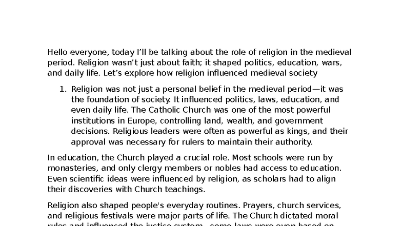The Role of Religion in Medieval Society - C1.3 - Studocu