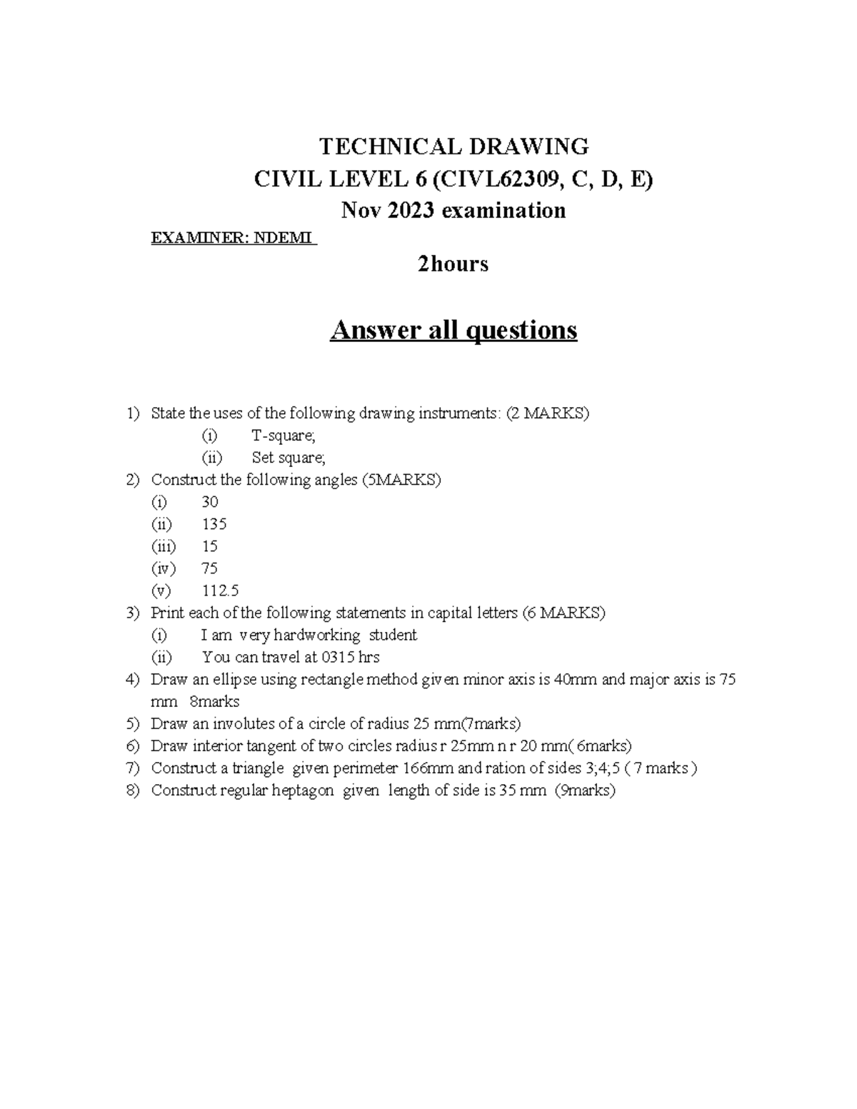 CIVIL LEVEL 6 TECHNICAL DRAWING EXAM (CIVL62309) Nov 2023 - Studocu