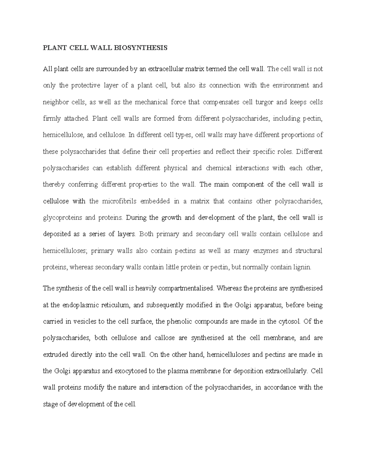 PLANT CELL WALL BIOSYNTHESIS: Structure & Composition Insights - Studocu