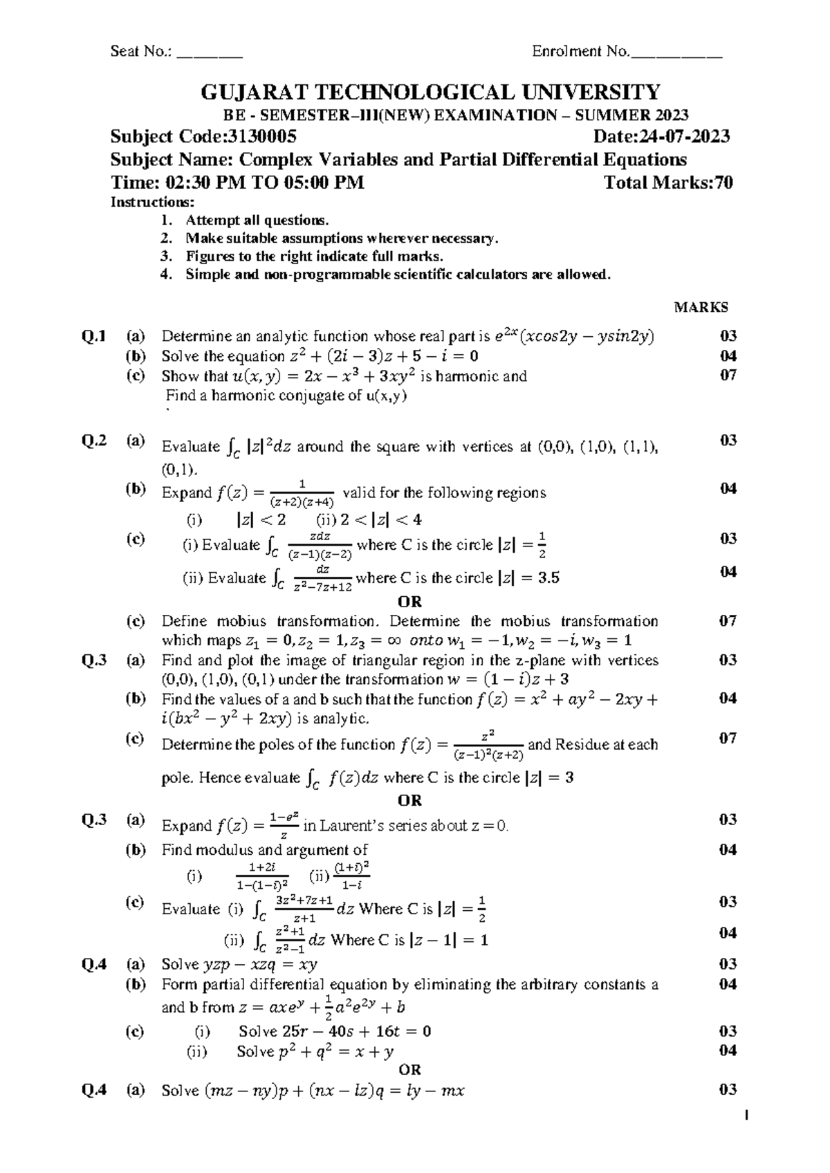 Complex Variables and PDEs - BE Exam Summer 2023 (3130005) - Studocu