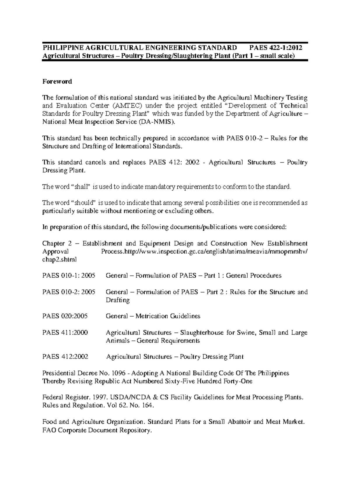 PAES 422-1: Poultry Dressing/Slaughtering Plant Standards (Part 1 ...