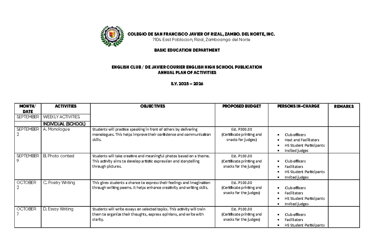 Annual Plan of Activities for English Club (S.Y. 2025-2026) - Studocu
