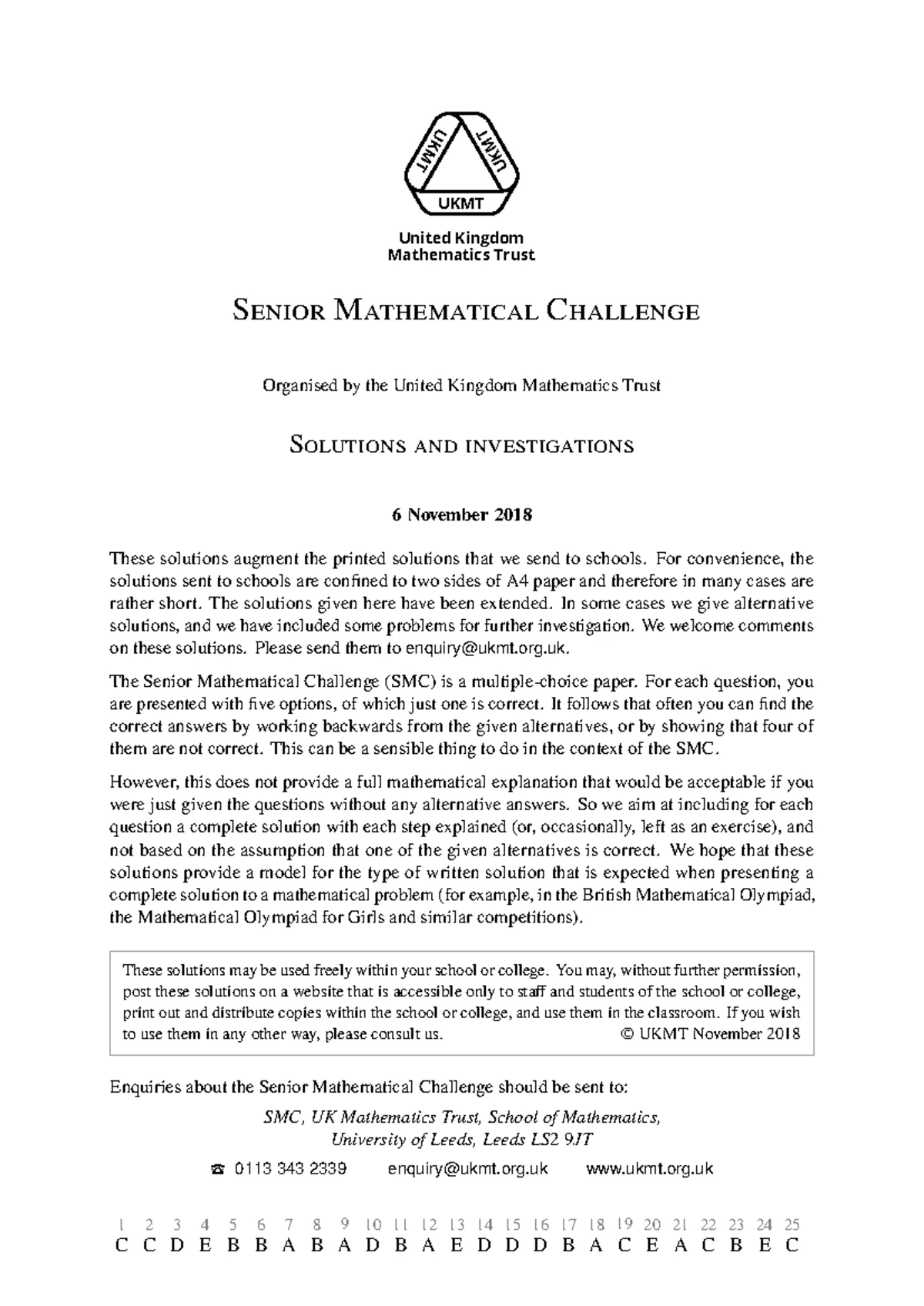 SMC 2019 Paper - UK Mathematics Trust Senior Challenge - Studocu