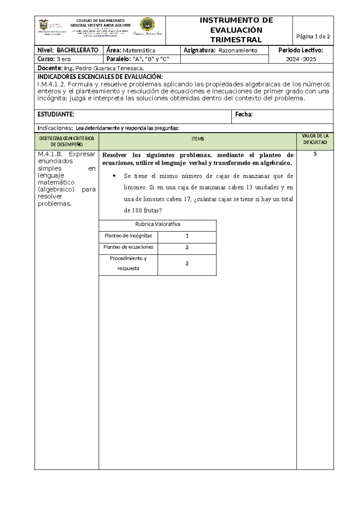 Instrumento de Evaluación Trimestral - 3ro Matemáticas Razonamiento - Studocu