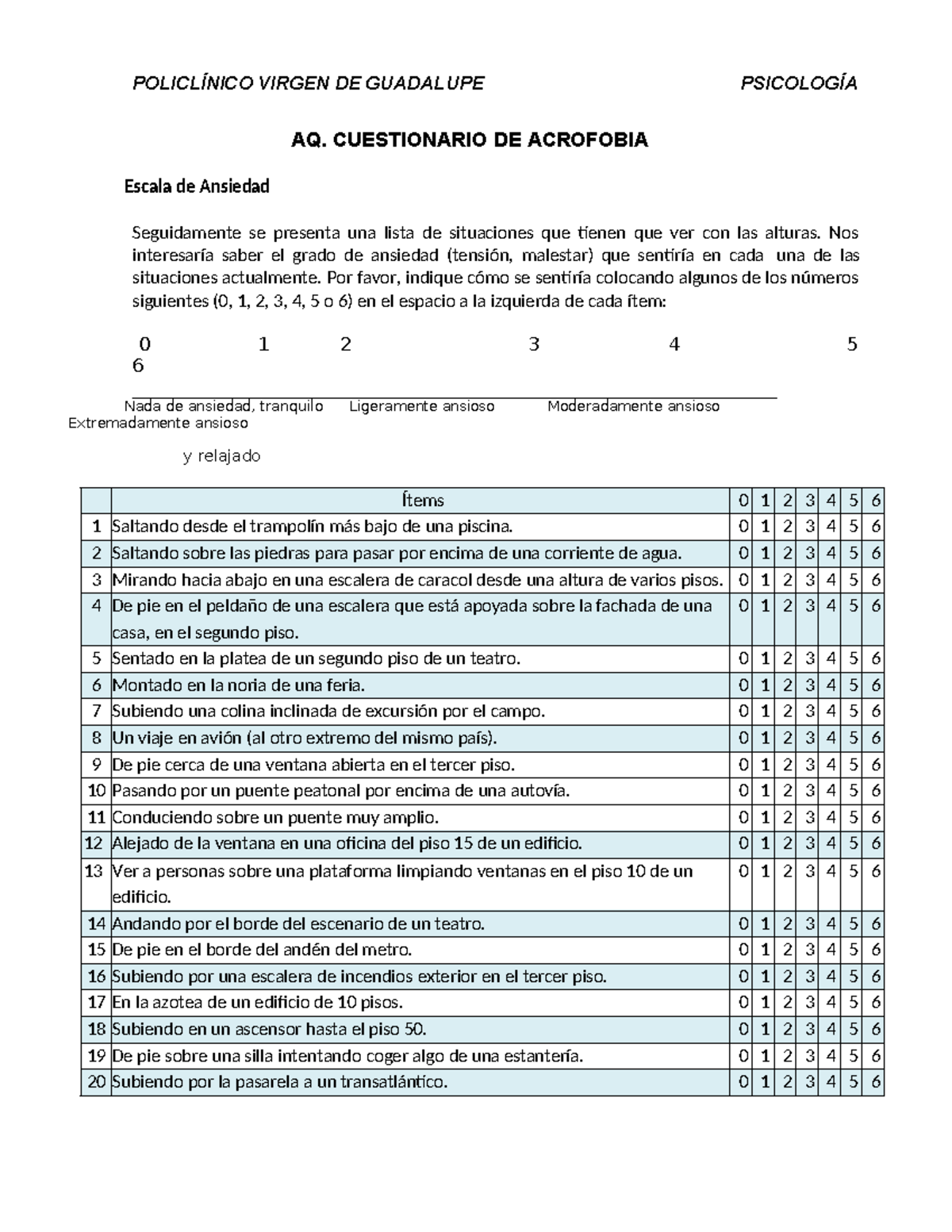 Cuestionario AQ de Acrofobia - Evaluación de Ansiedad y Evitación - Studocu