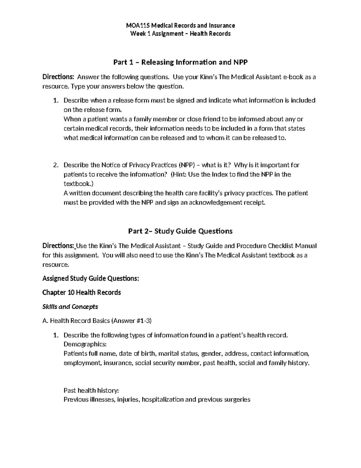 MOA115 Week 1 Assignment: Understanding Health Records & Privacy Practices - Studocu