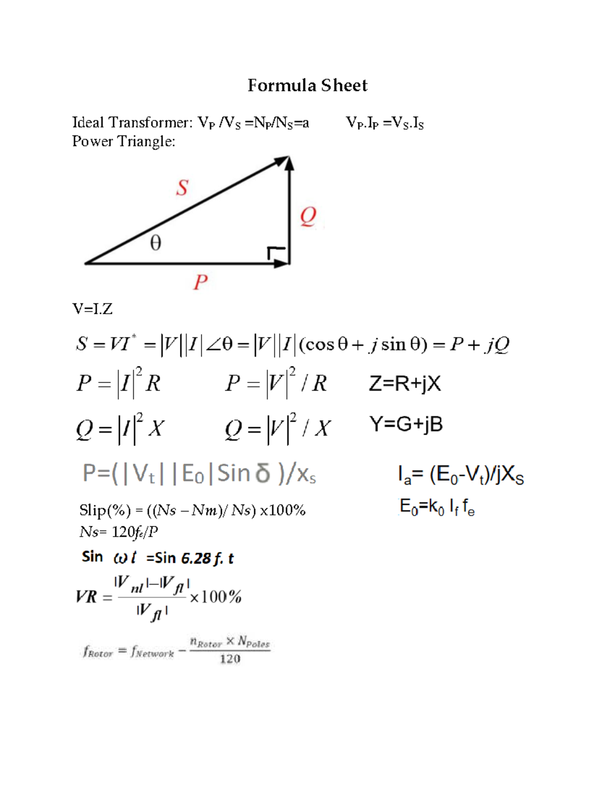 Formula Sheet - jjjjjjj - ENG 1081 - Formula Sheet Ideal Transformer ...