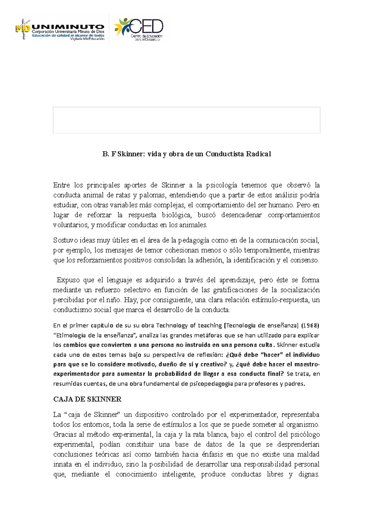 Ensayo B. F Skinner vida y obra de un Conductista Radical - B. F ...
