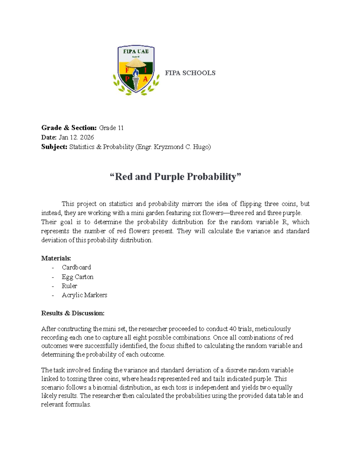 Statistics Probability Project: Red & Purple Outcomes (Grade 11) - Studocu